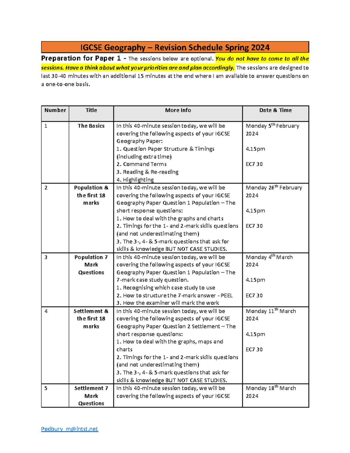 Igcse 0460 geography revision timetable 2024 - Podbury_m@intst IGCSE ...