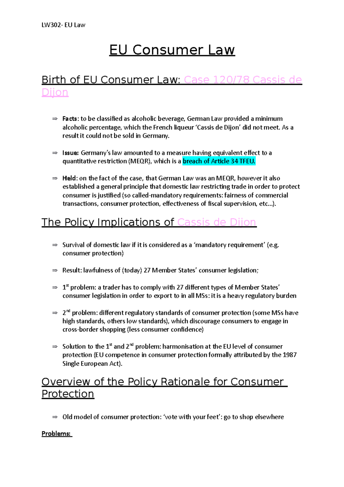 EU Consumer Law - lecture notes - LW720-7-SP-CO - Essex - Studocu
