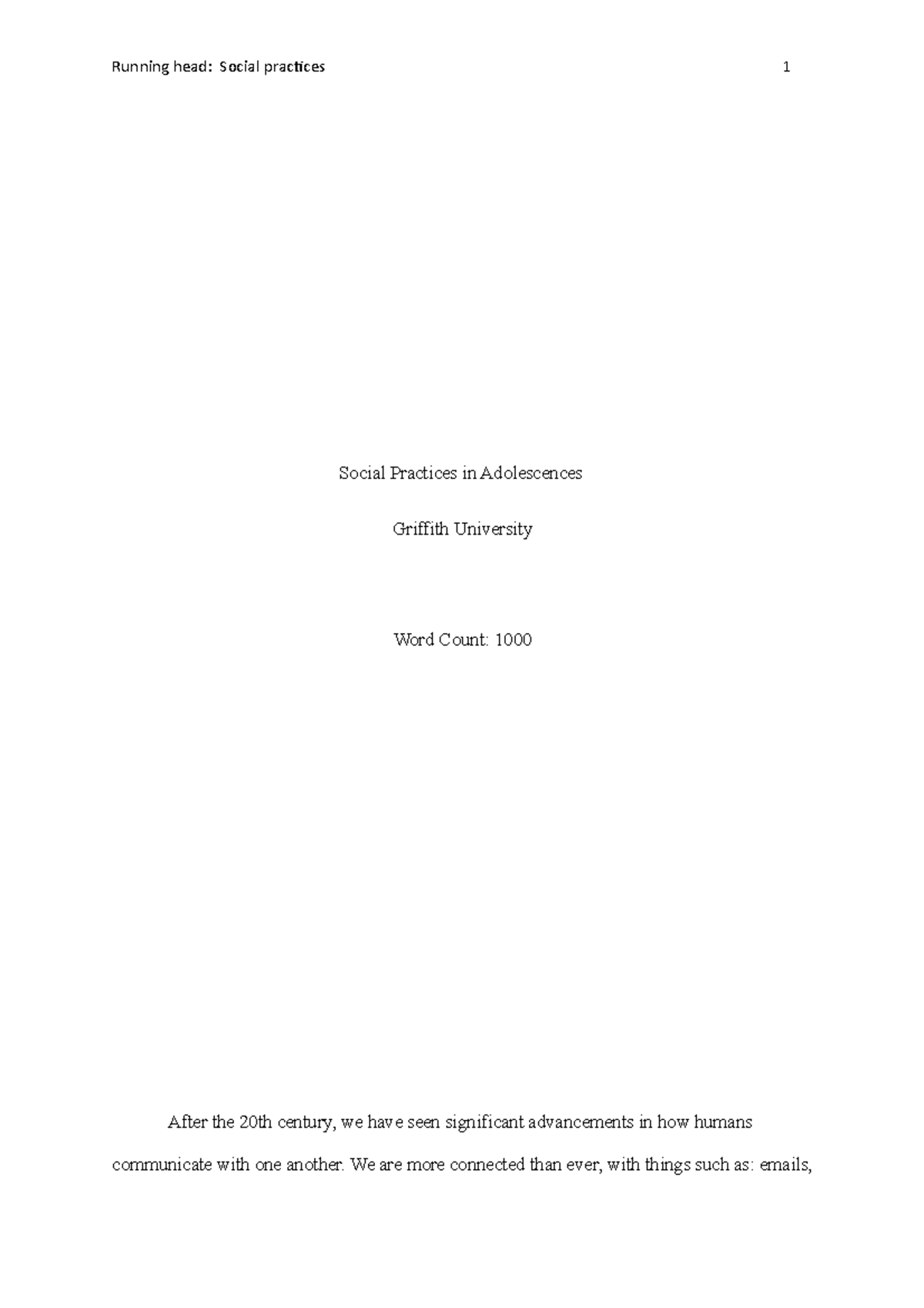 Assessment ^N3 Essay studoc - Social Practices in Adolescences Griffith ...