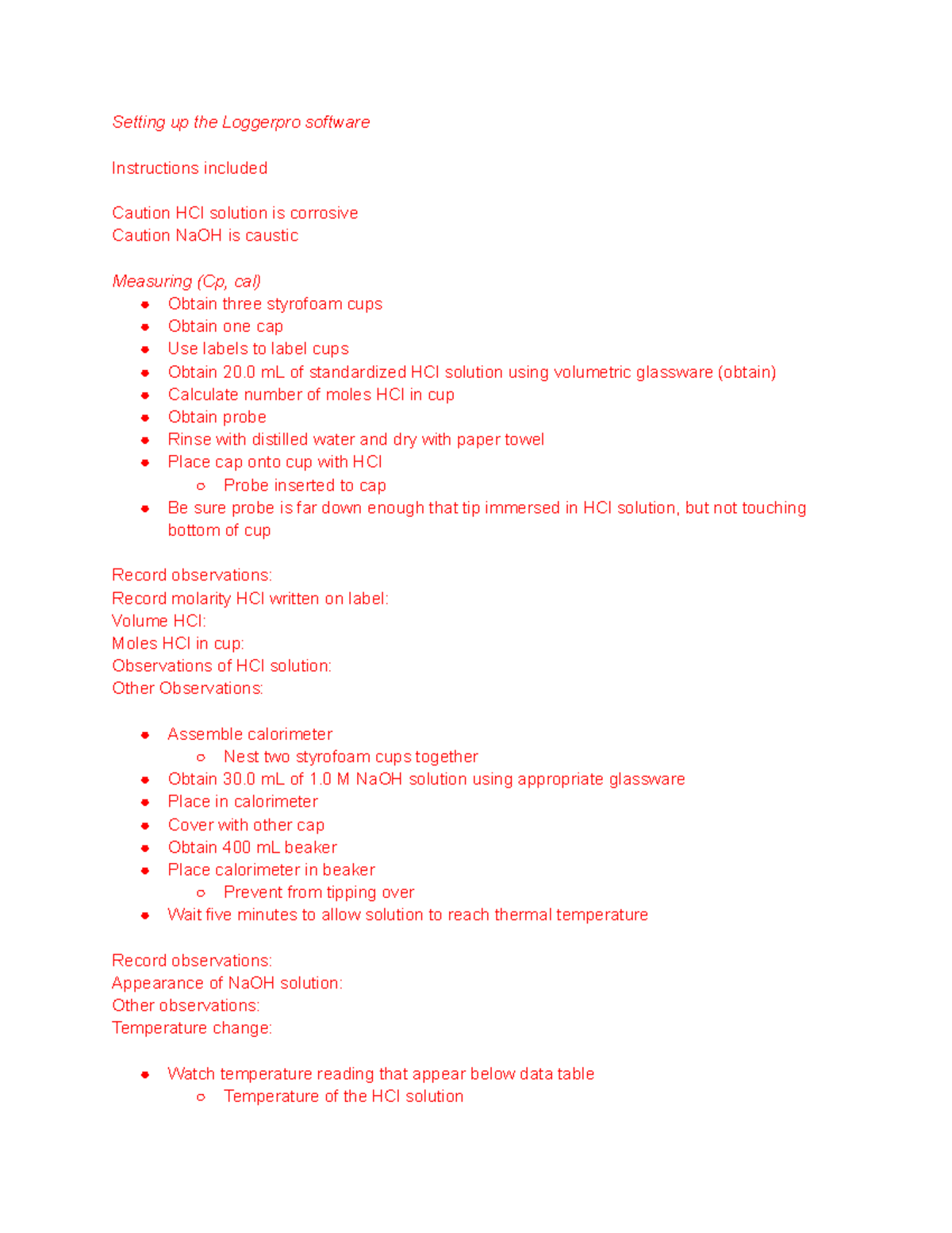 Gen Chem 1 Lab Lab 9 Pre-lab - Setting up the Loggerpro software Instructions included Caution ...