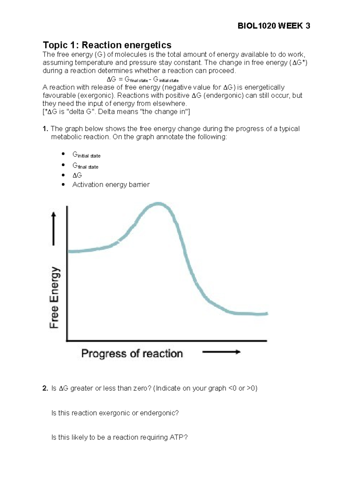 2024s2-BIOL1020 week3-tutorial - Topic 1: Reaction energetics The free ...