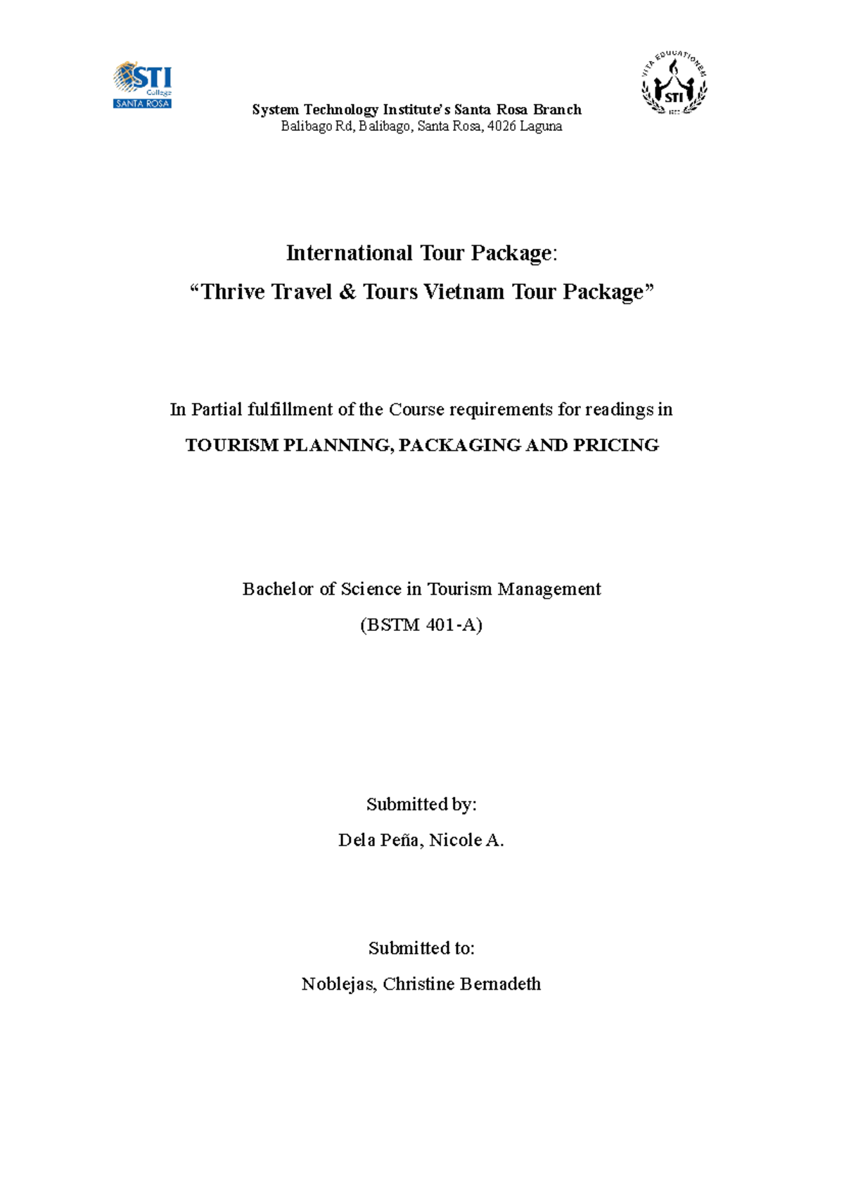 TOUR Package Seatwork - System Technology Institute’s Santa Rosa Branch ...