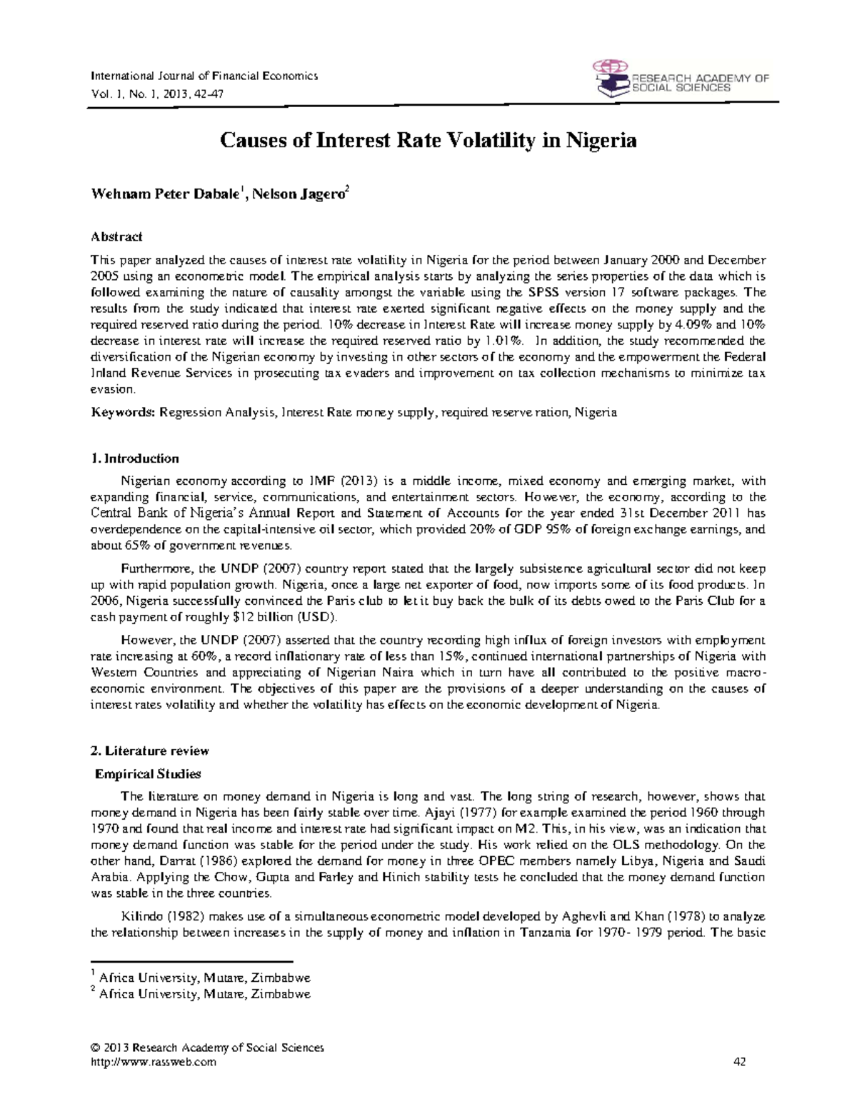 Causes of Interest Rate Volatility in Ni - © 2013 Research Academy of ...