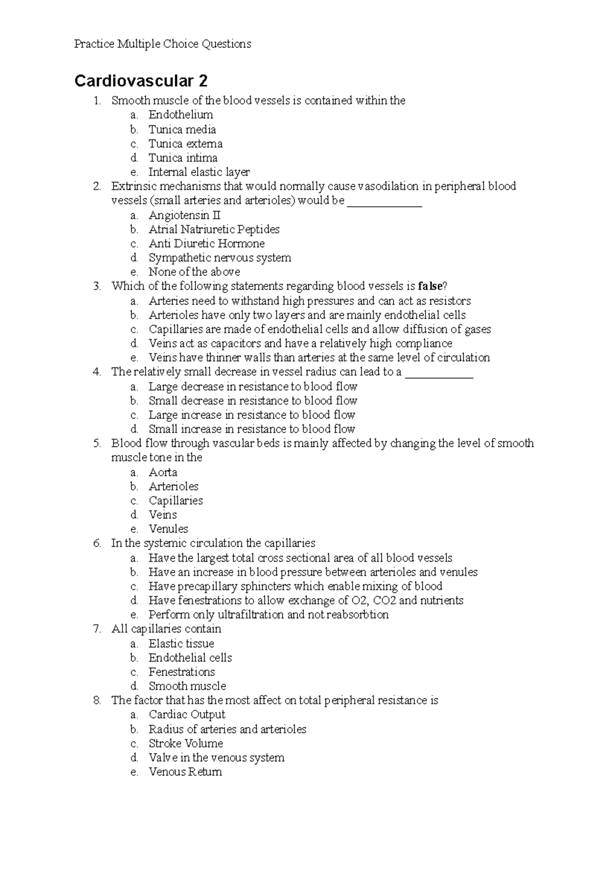 HUBS1404 Cardiovascular 2 Practice MCQs - Practice Multiple Choice ...