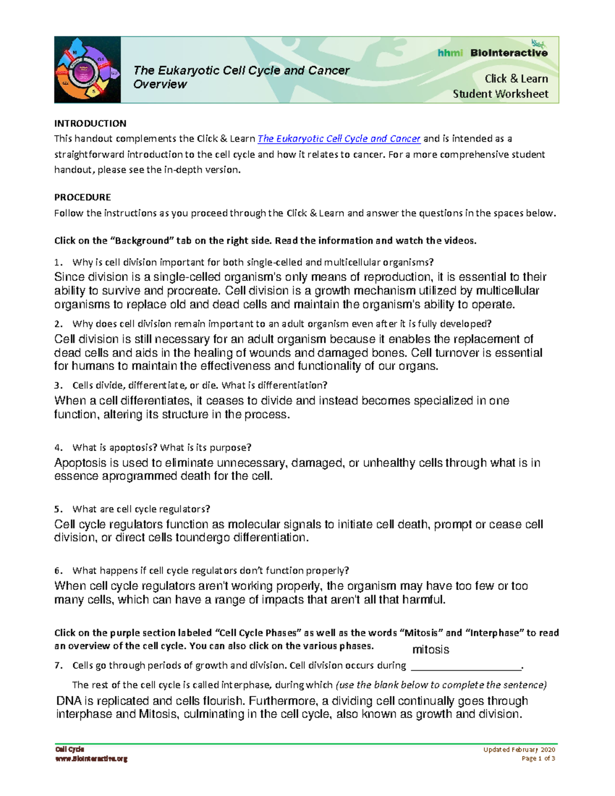 Unit 4 cell cycle assignment - Click & Learn Student Worksheet The ...