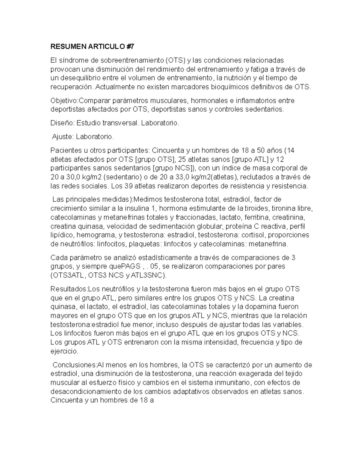 Resumen ART 7 Y 8 - ,,,,,,,,,,,,,, - RESUMEN ARTICULO El síndrome de sobreentrenamiento (OTS) y ...