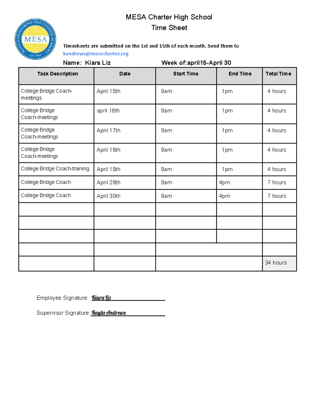 Kiara Liz Timesheet - Fun - MESA Charter High School Time Sheet ...