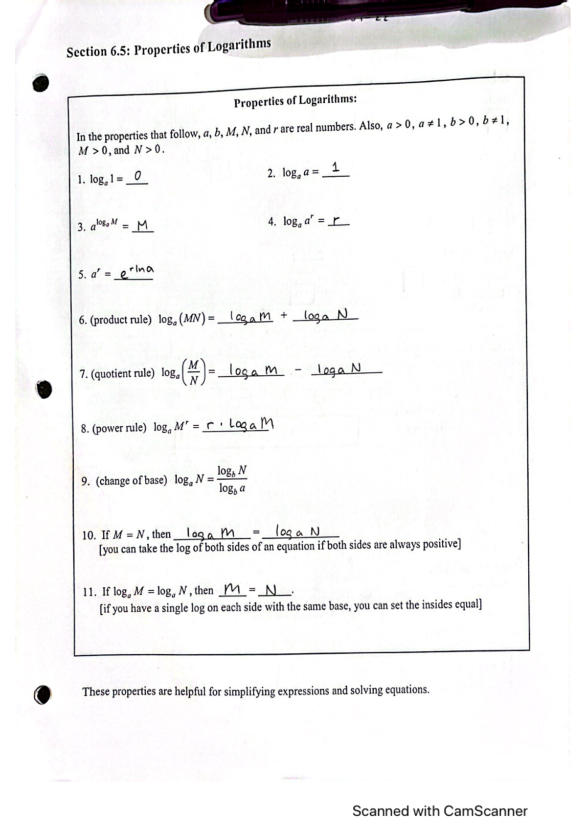 Math 131 Section 6.5 - ee C3U Section 6: Properties of Logarithms ...