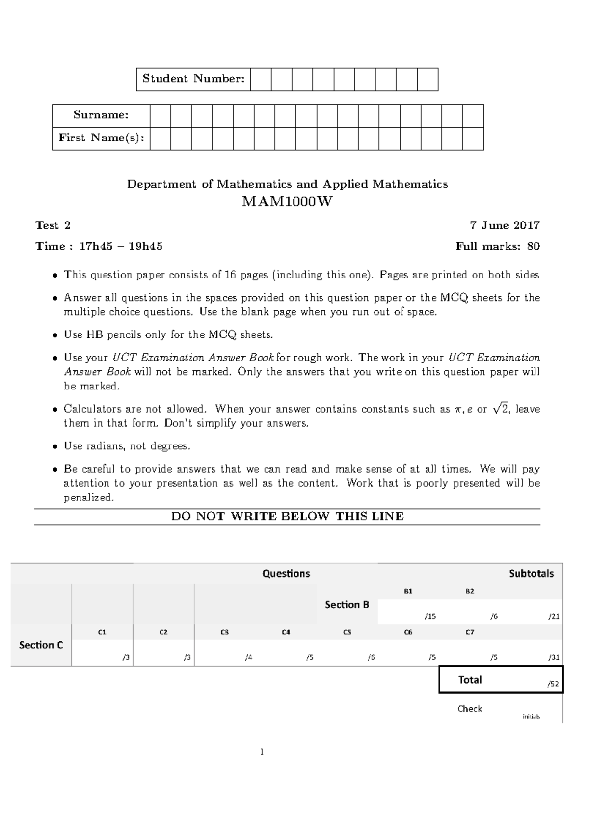 Test 2 2017 - Past paper - Surname: First Name(s): Department of ...