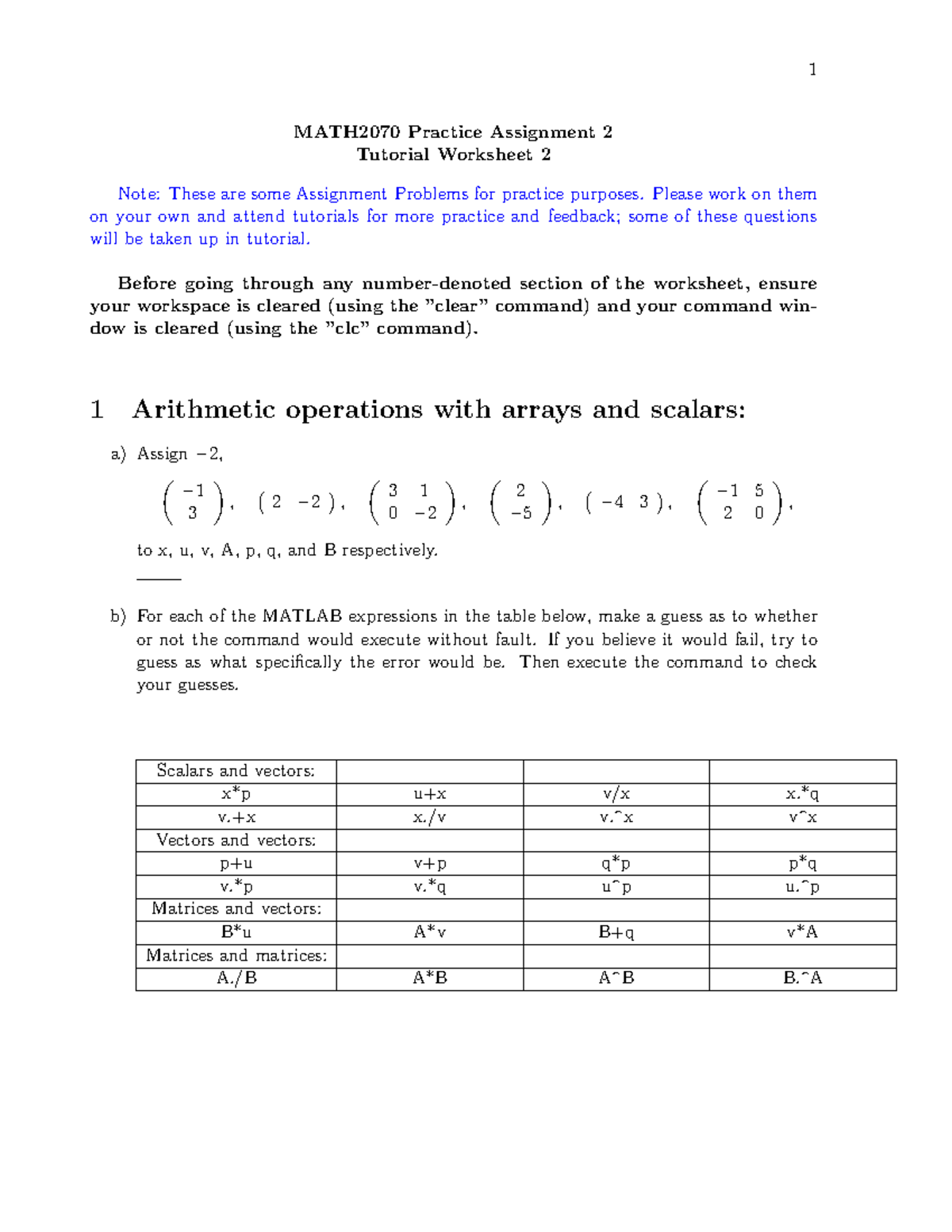 MATH2070 Worksheet 2 - Tutorial 2 Answers - MATH2070 Practice Assignment 2 Tutorial Worksheet 2 ...