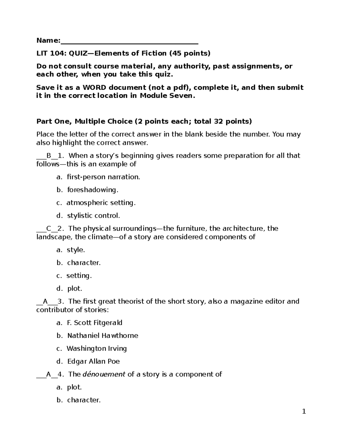 LIT104 Quiz-1 (Part 1) - Linda Young - Name ...