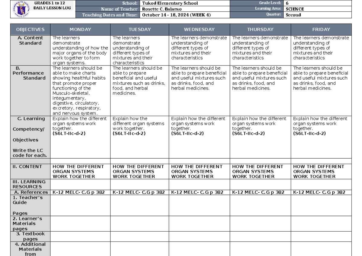 DLL Science 6 Q2 W3 - DLL - GRADES 1 to 12 DAILY LESSON LOG School ...
