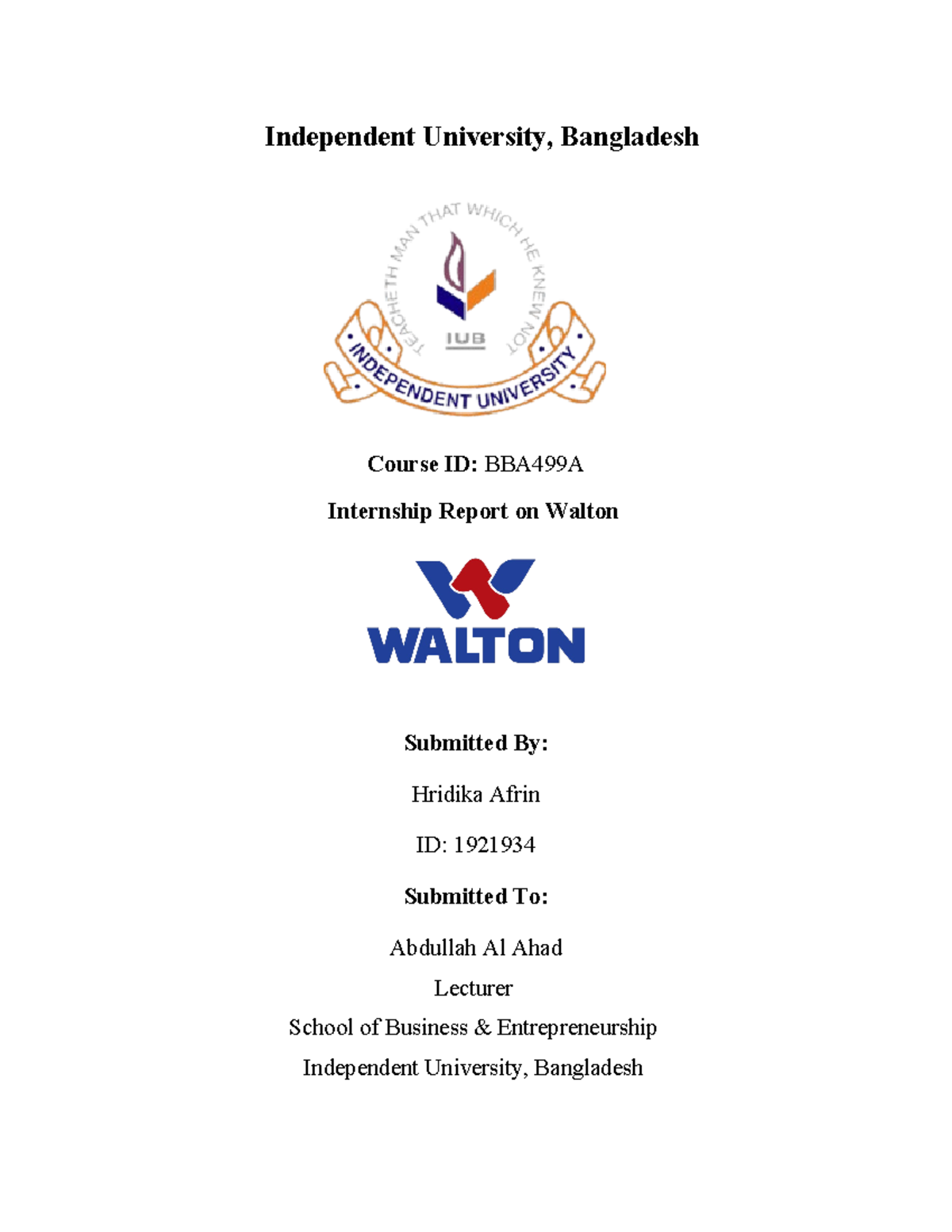 Internship Report - Walton, BBA ...