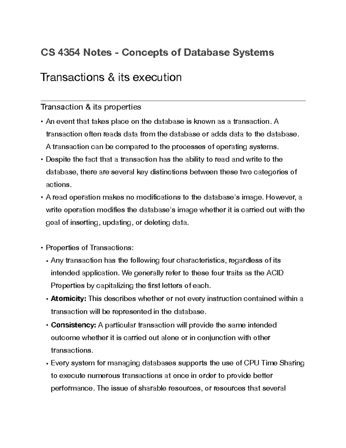 CS 4354 Notes - transactions and executions - CS 4354 Notes - Concepts ...