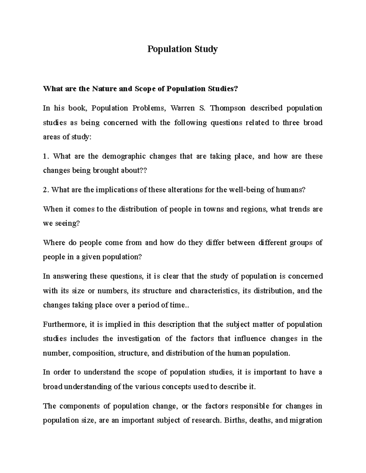 Population Study - Lecture notes 1 - Population Studies - AMU - Studocu