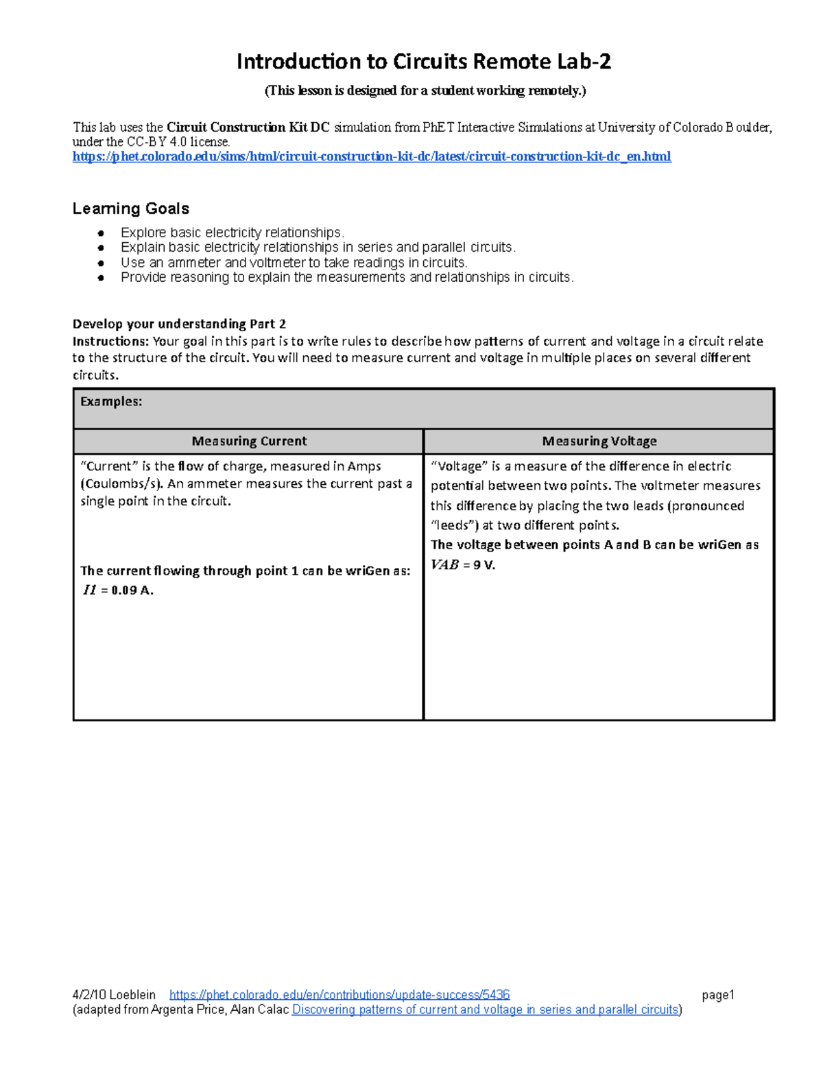 Introduction to Circuits Remote Lab-2 - ) This lab uses the Circuit ...