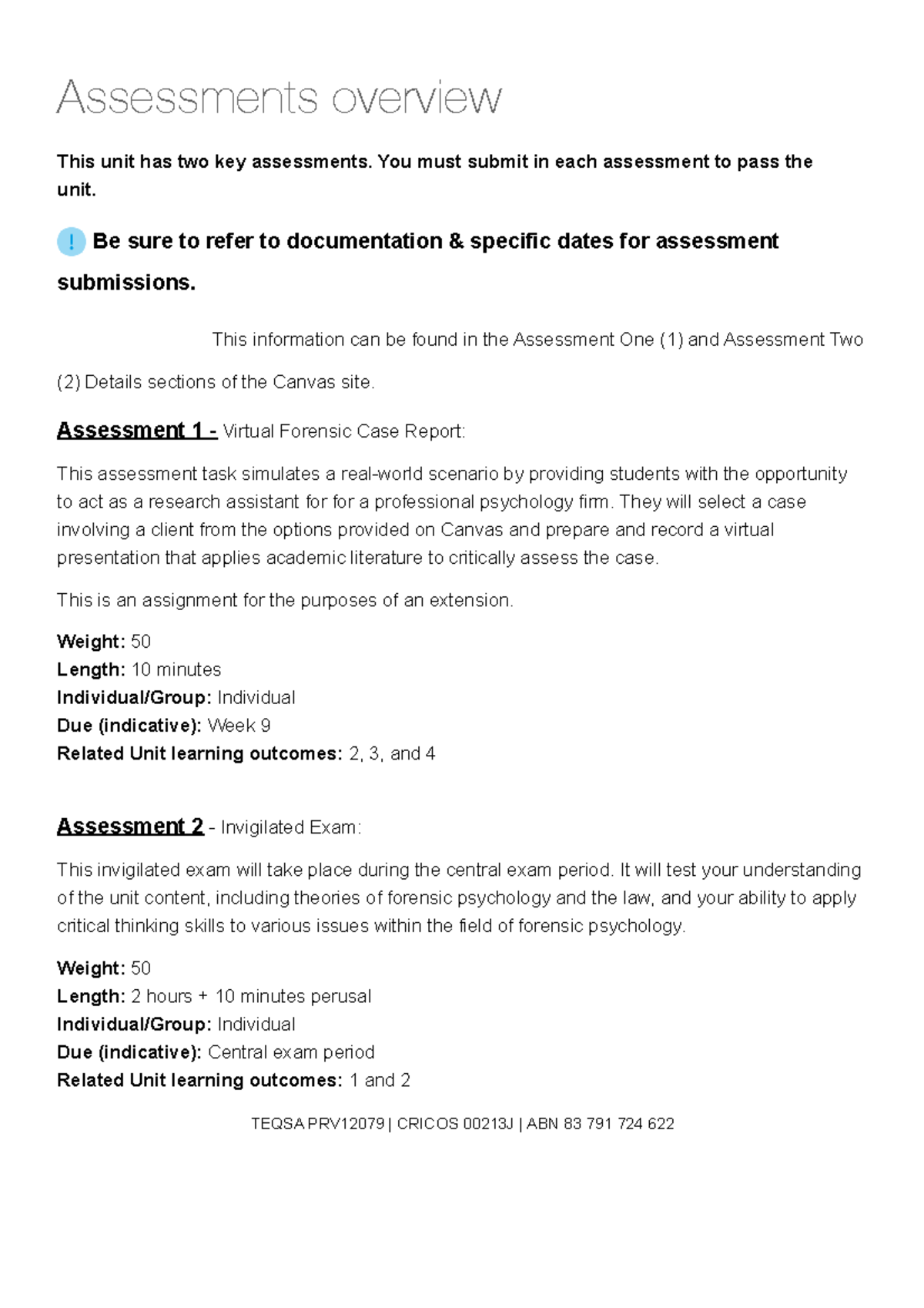 Assessments overview JSB174 24se2 Forensic Psychology and the Justice ...