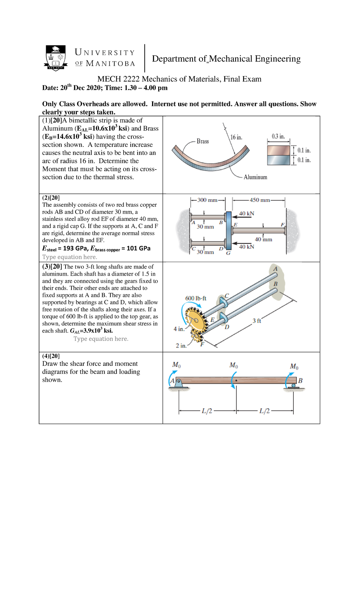2020 final (pract) exam - MECH 2222 Mechanics of Materials, Final Exam ...