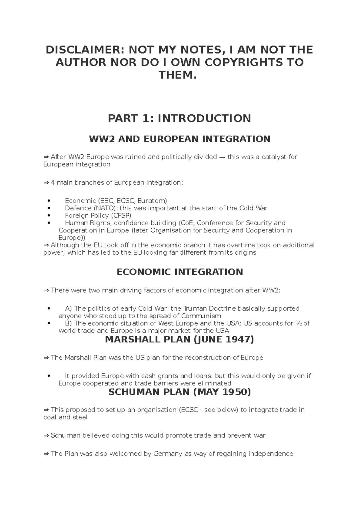 EU Law- Notes - DISCLAIMER: NOT MY NOTES, I AM NOT THE AUTHOR NOR DO I ...