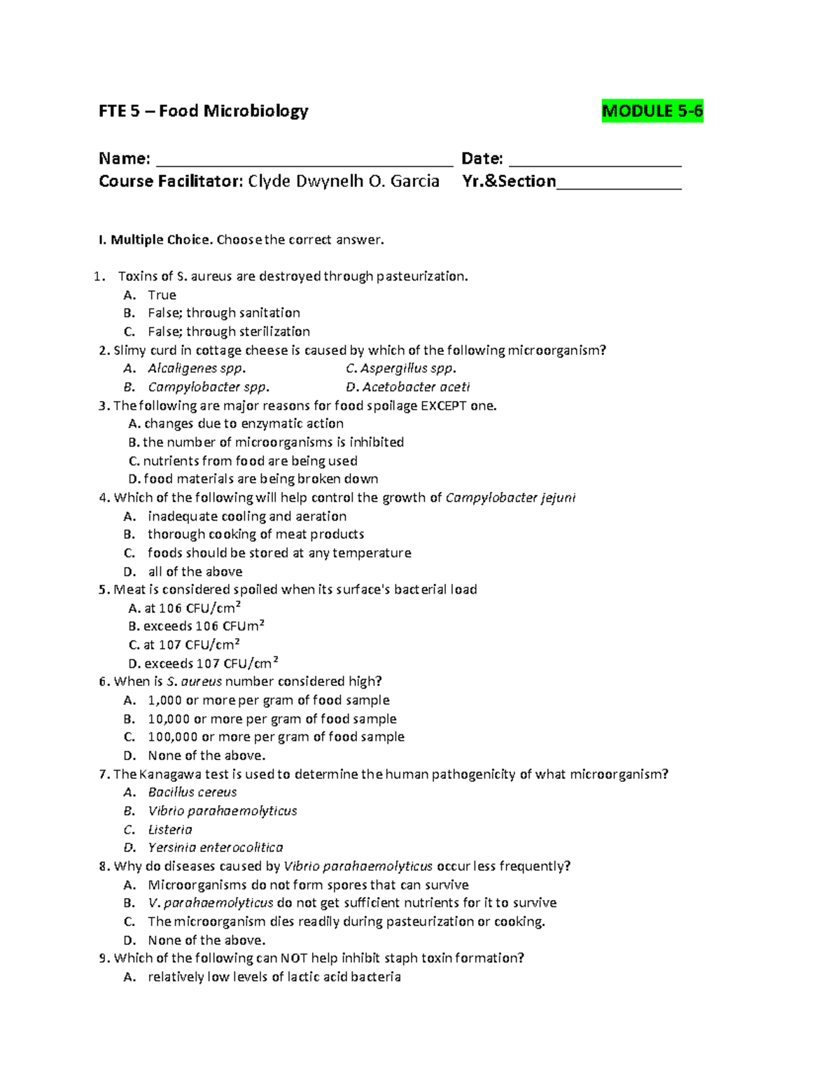 Food Microbiology Module 5-6 Evaluation Sheet 1 - FTE 5 – Food ...