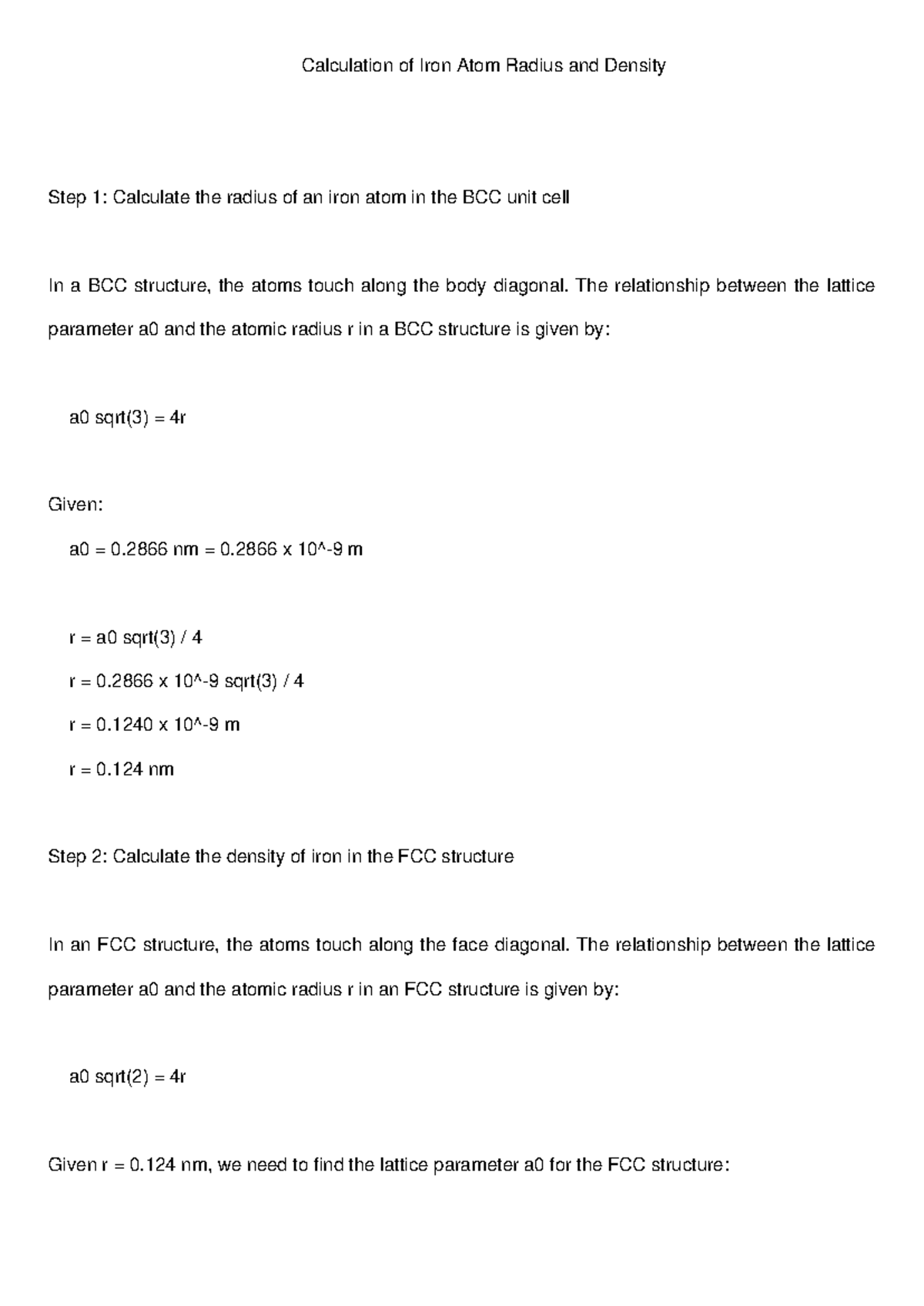 Calculation of Iron Atom Radius and Density - The relationship between ...
