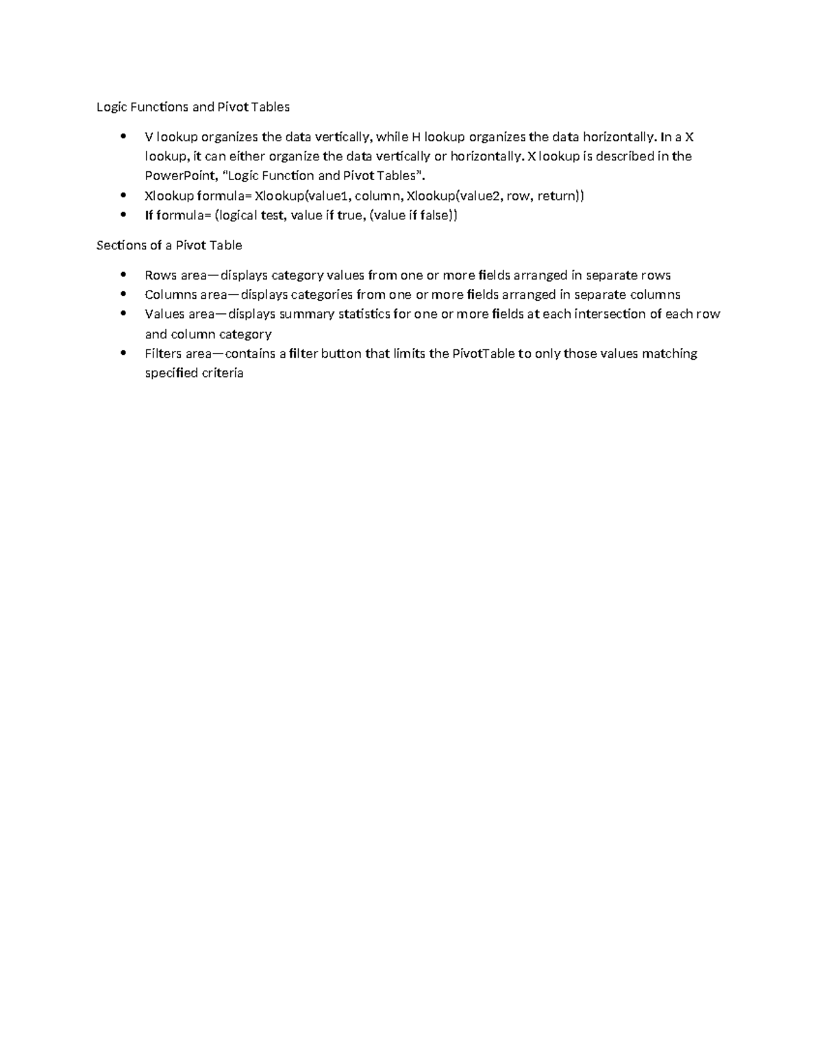 Logic Functions And Pivot Tables Notes Logic Functions And Pivot Tables V Lookup Organizes The