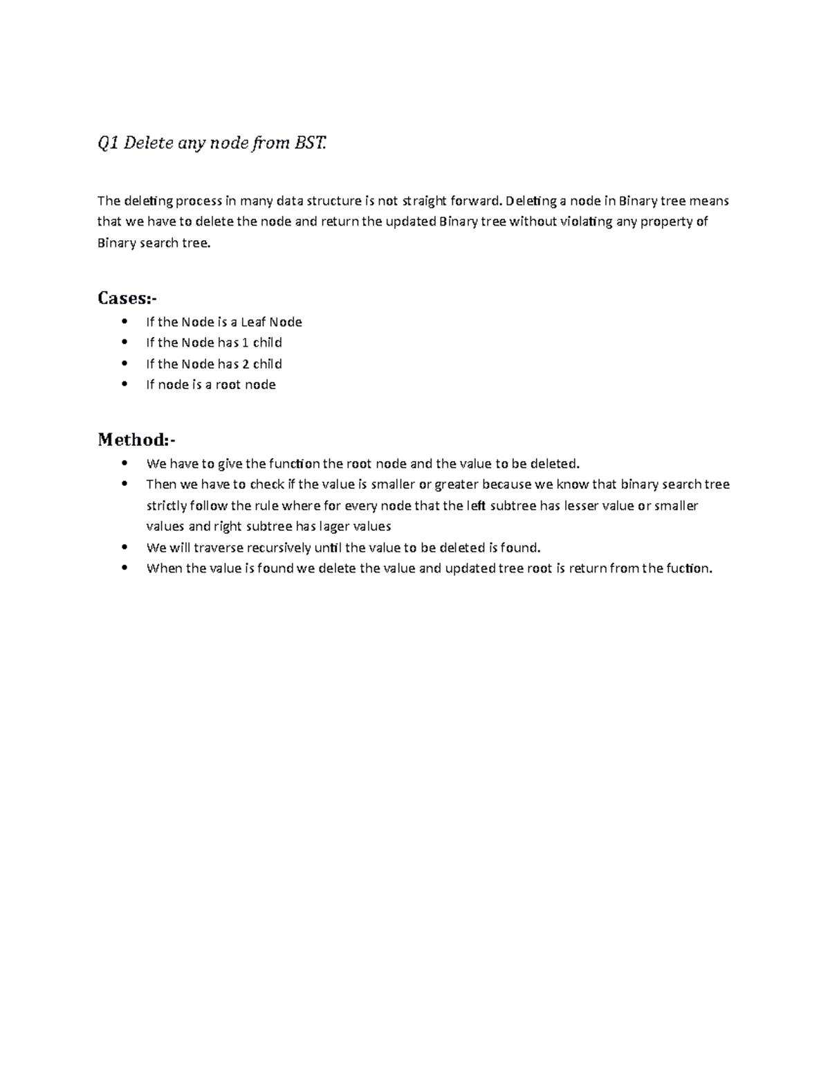 Data structure AVL Tree - Q1 Delete any node from BST. The deleing ...