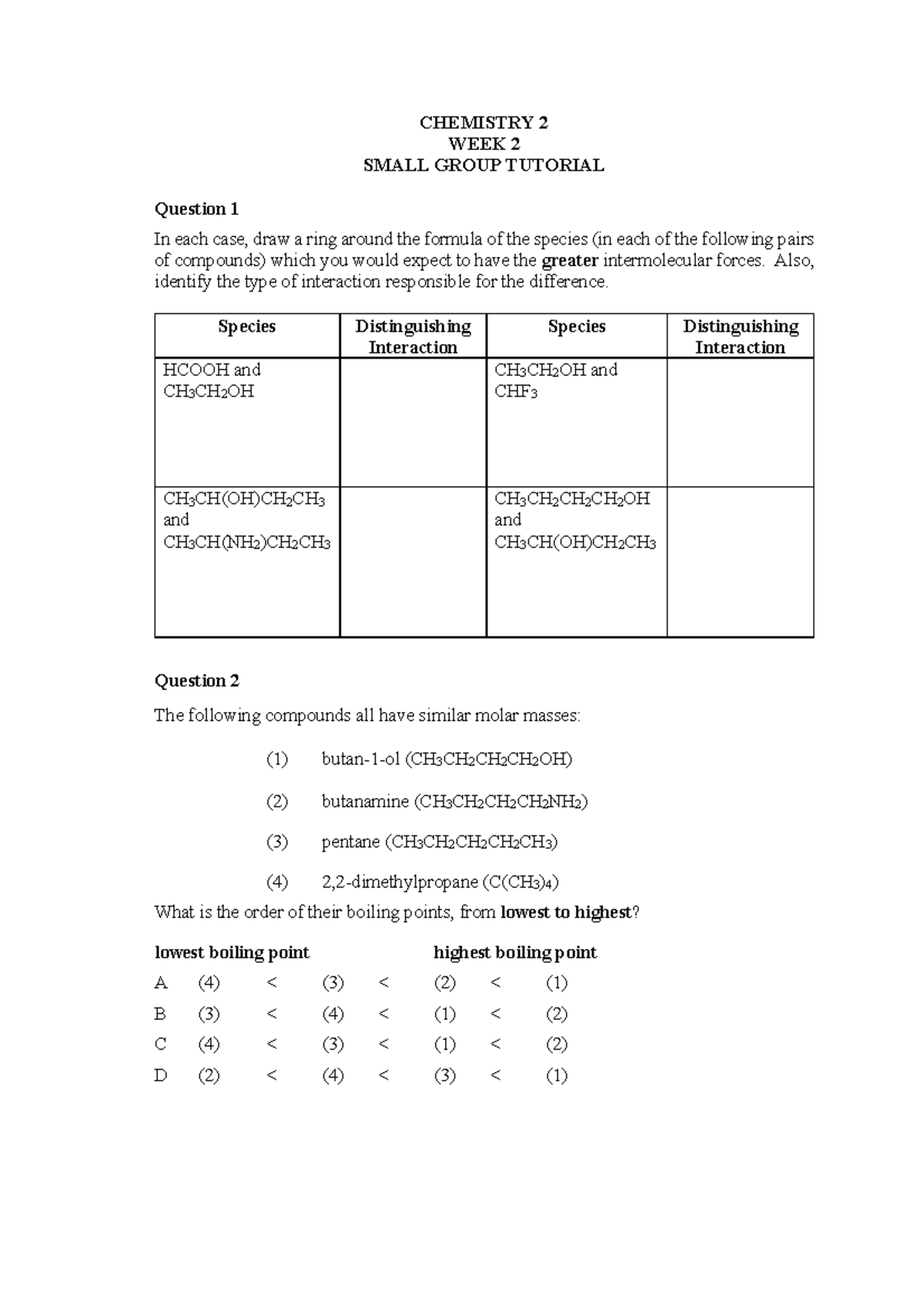 2024 CHEM1201 Week 2 small group tutorial Answers - CHEMISTRY 2 WEEK 2 ...