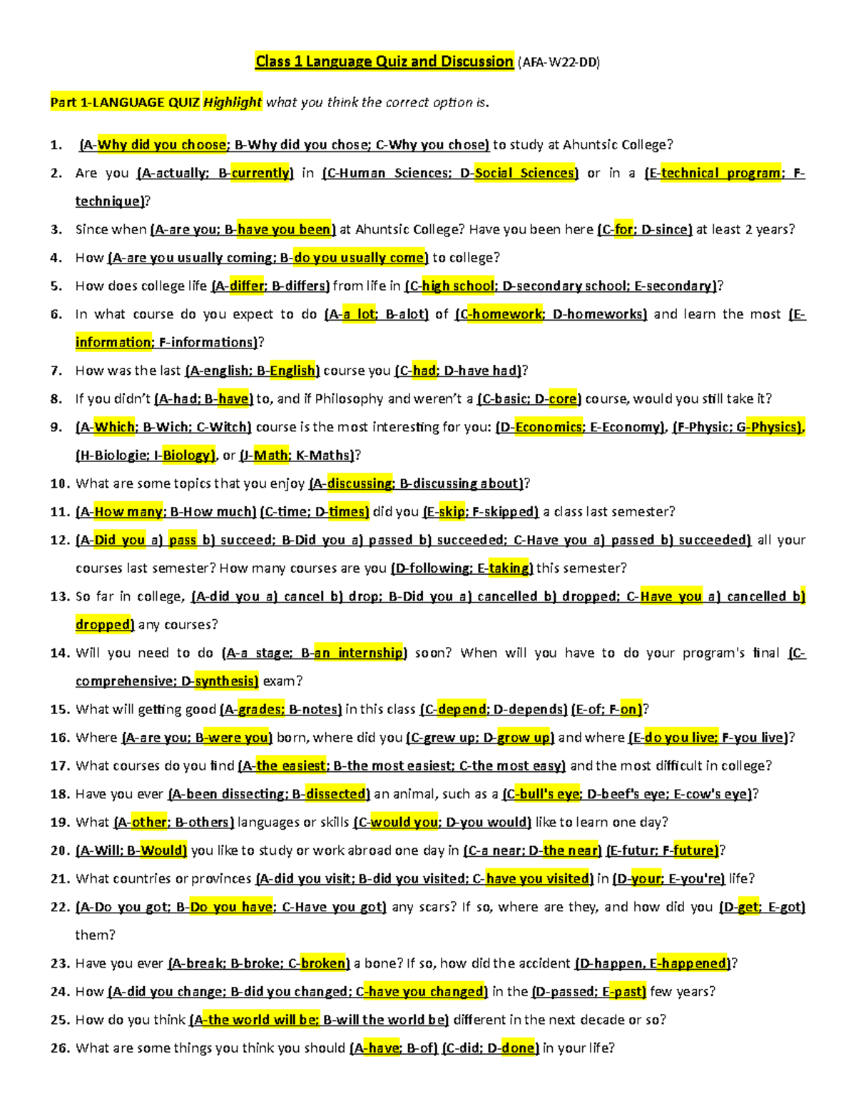 AFA-W22-Class 1-Language Quiz and Discussion - Class 1 Language Quiz ...