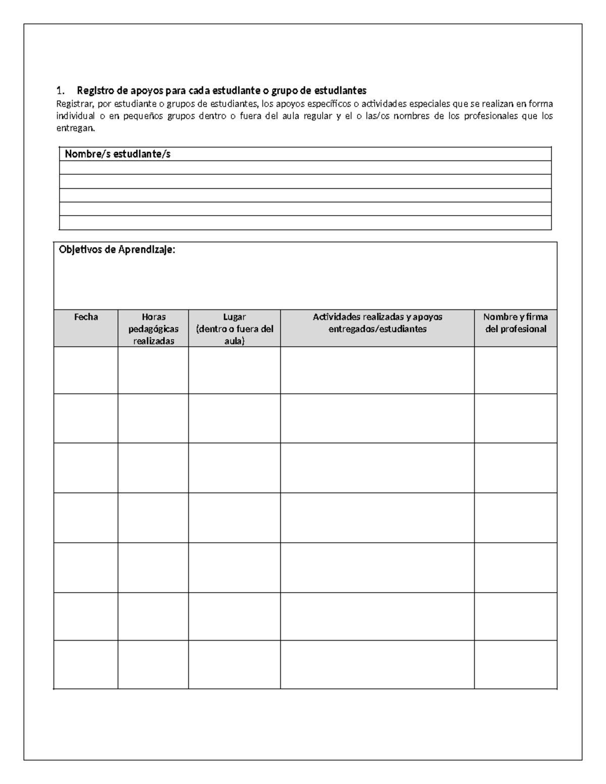 Hoja de Registros FONO - 1. Registro de apoyos para cada estudiante o ...