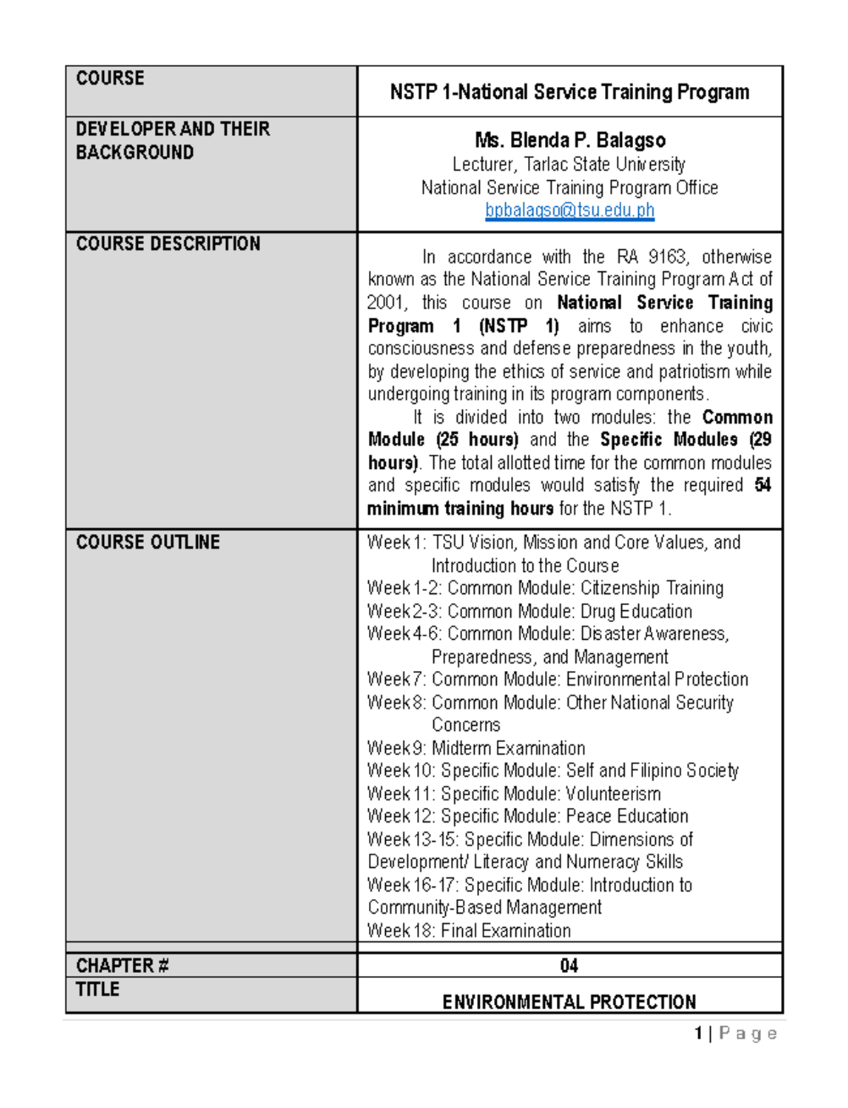 Topic 4 Environmental Protection and Module - COURSE NSTP 1-National ...