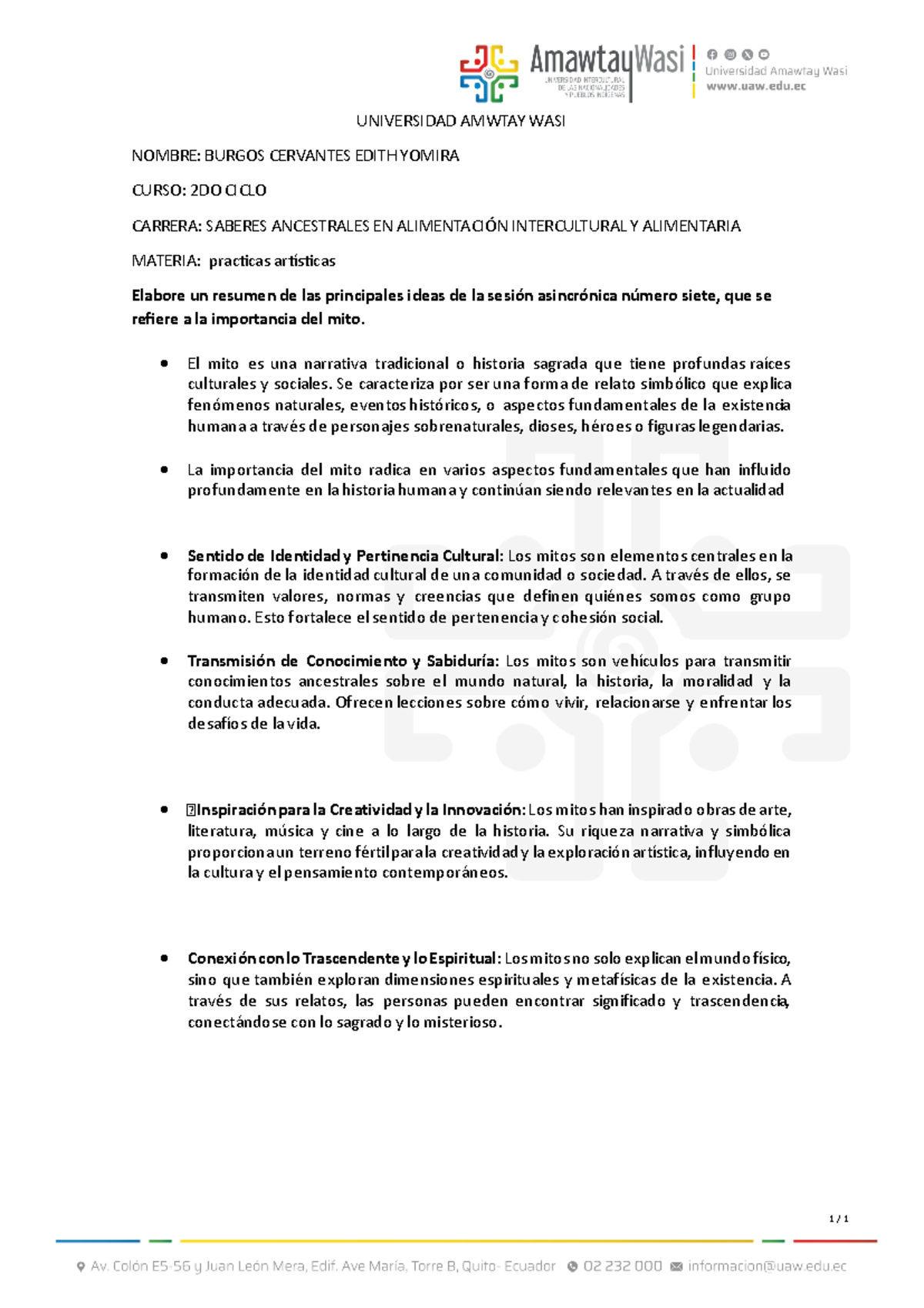 Mito - mitos - 1 / 1 UNIVERSIDAD AMWTAY WASI NOMBRE: BURGOS CERVANTES ...