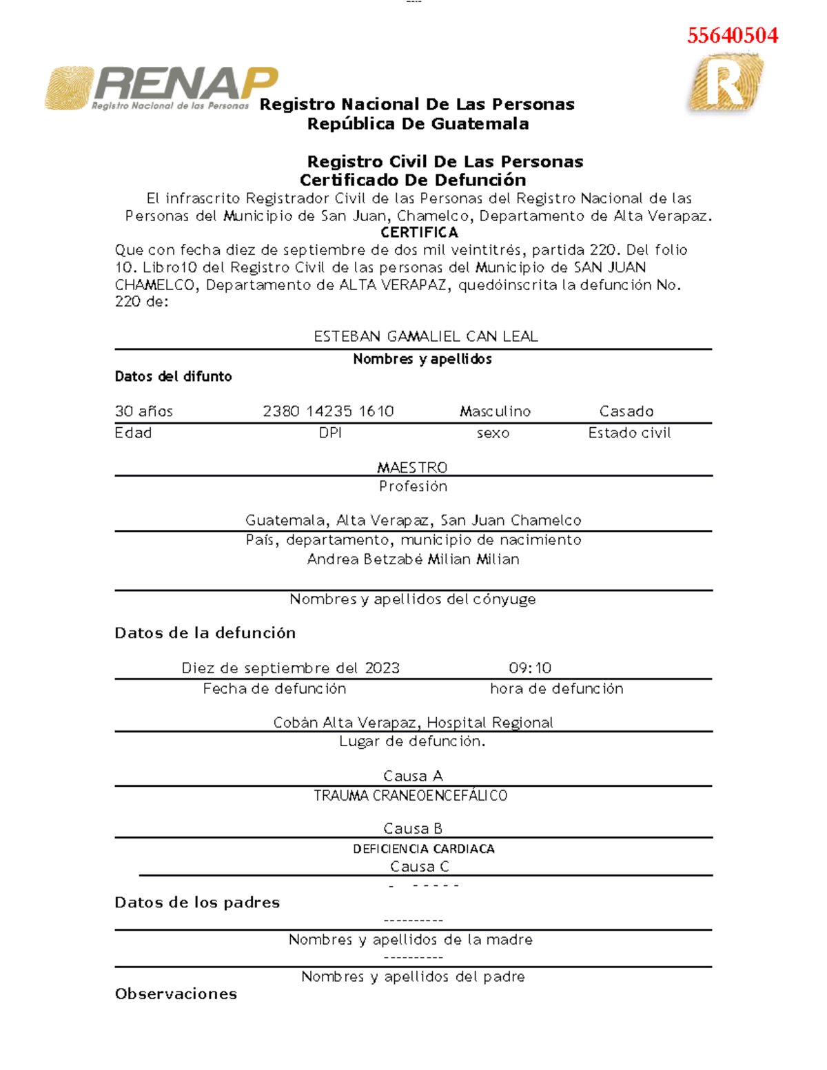 Ejemplo Certificado de Defunción RENAP Guatemala - lOMoAR cPSD| 18573795 Registro Nacional De ...