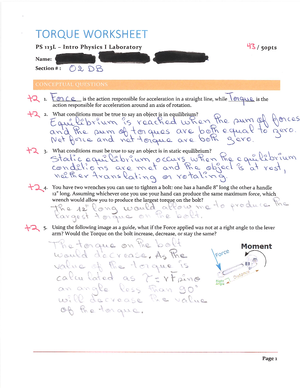 El Kang Torque Worksheet - TORQUE WORKSHEET PS 113L – Intro Physics I ...