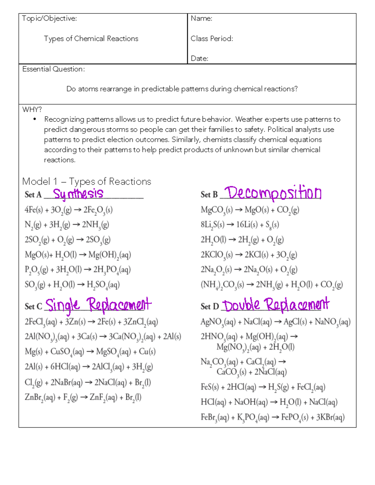 1 - Types of Reactions Pogil - Cornell - Topic/Objective: Types of ...