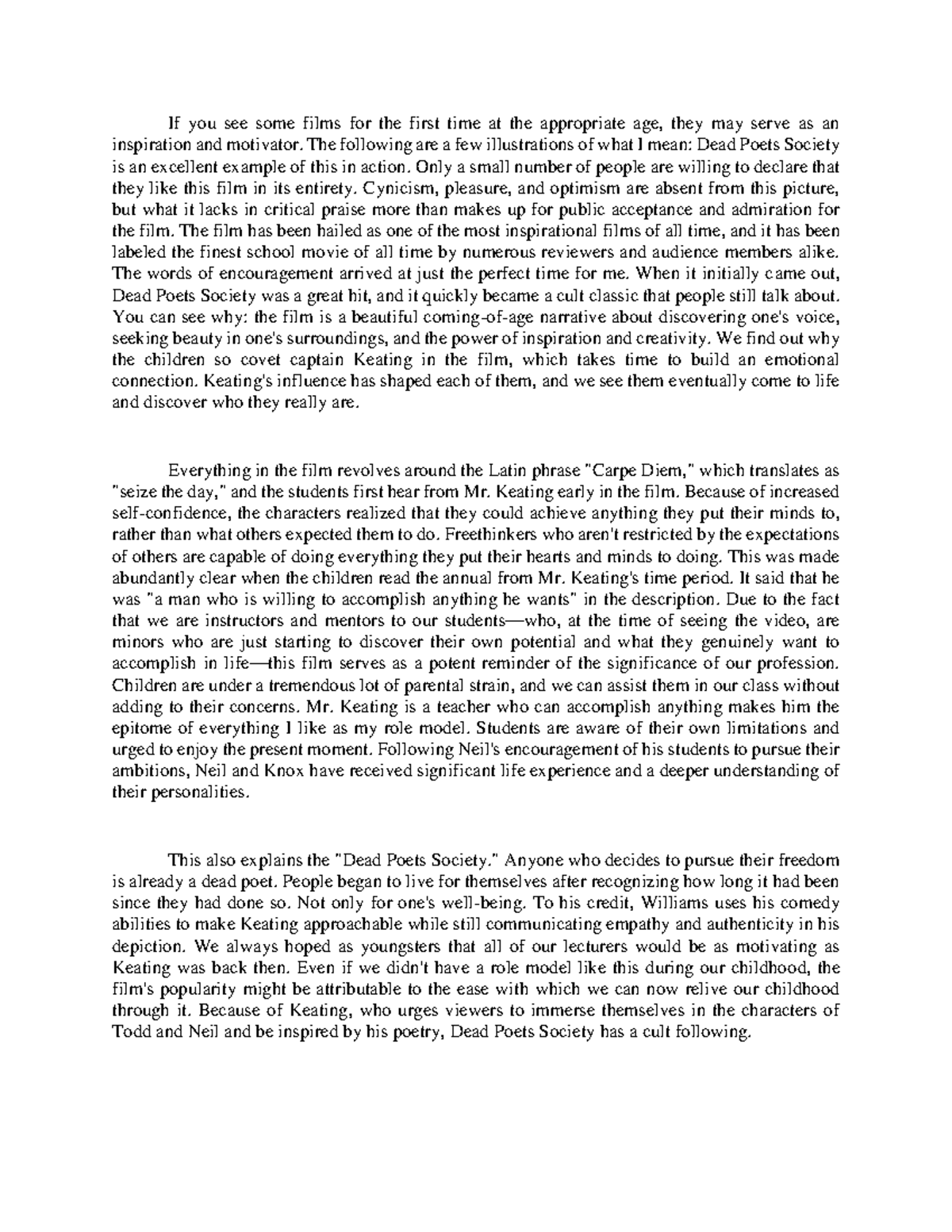 Dead Poet Society Reflection Paper - If you see some films for the ...