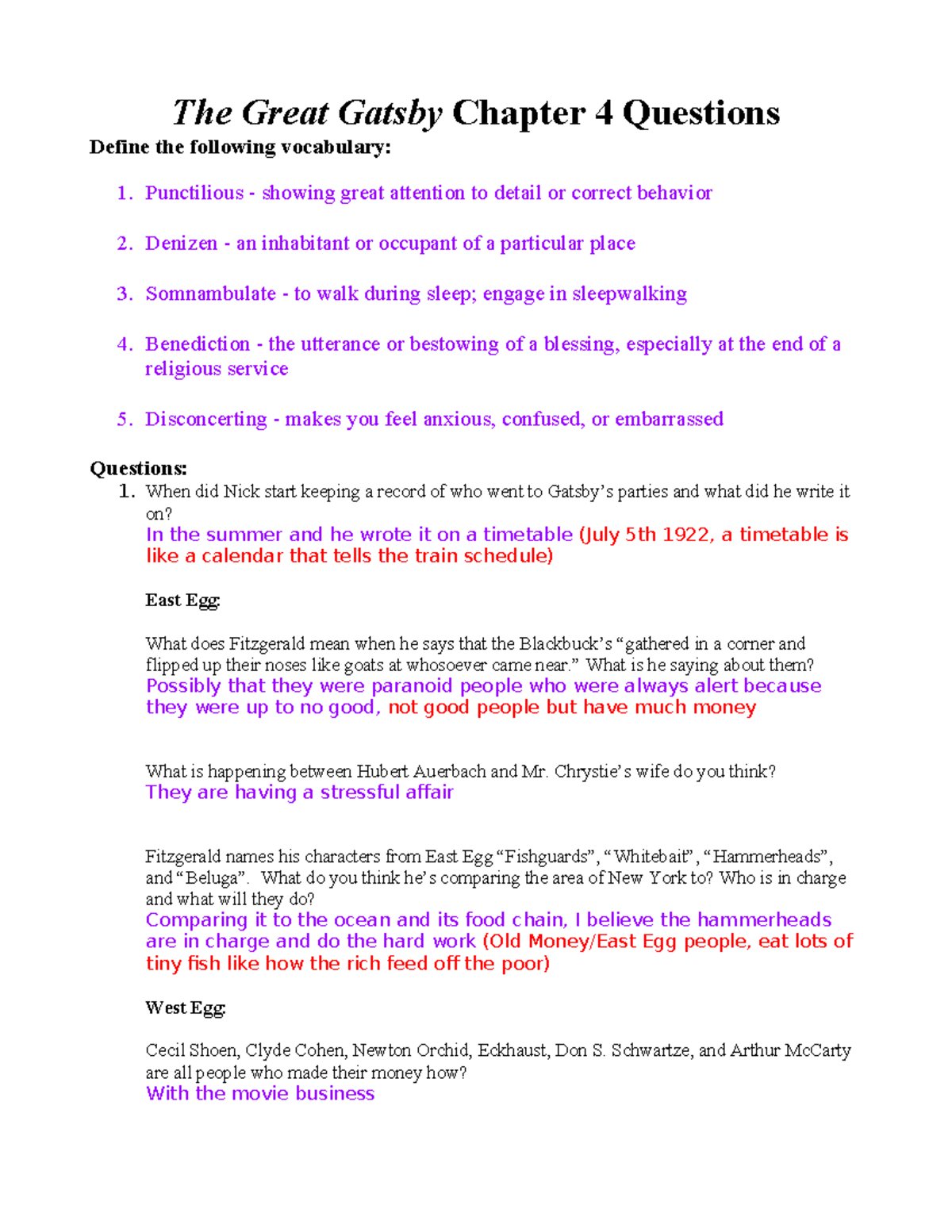 The Great Gatsby Chapter 4 Questions - The Great Gatsby Chapter 4 Questions Define the following ...