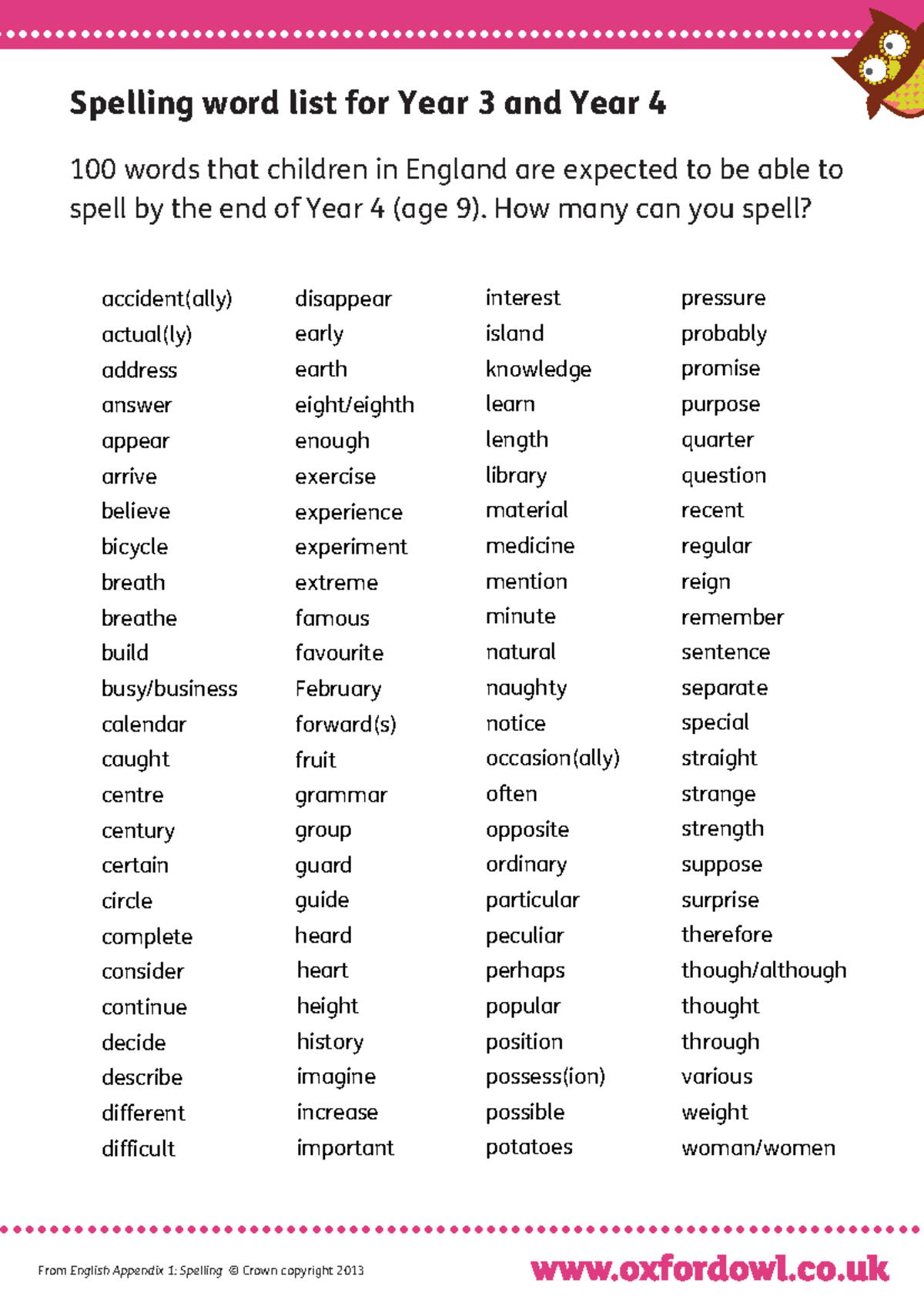 Spelling Word List Y3-4 - From English Appendix 1: Spelling © Crown ...