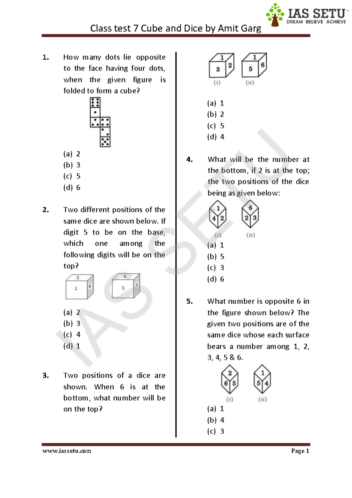 Test 7 These Are Mock Test Of Csat For Upsc Cse Class Test 7 Cube And Dice By Amit Garg