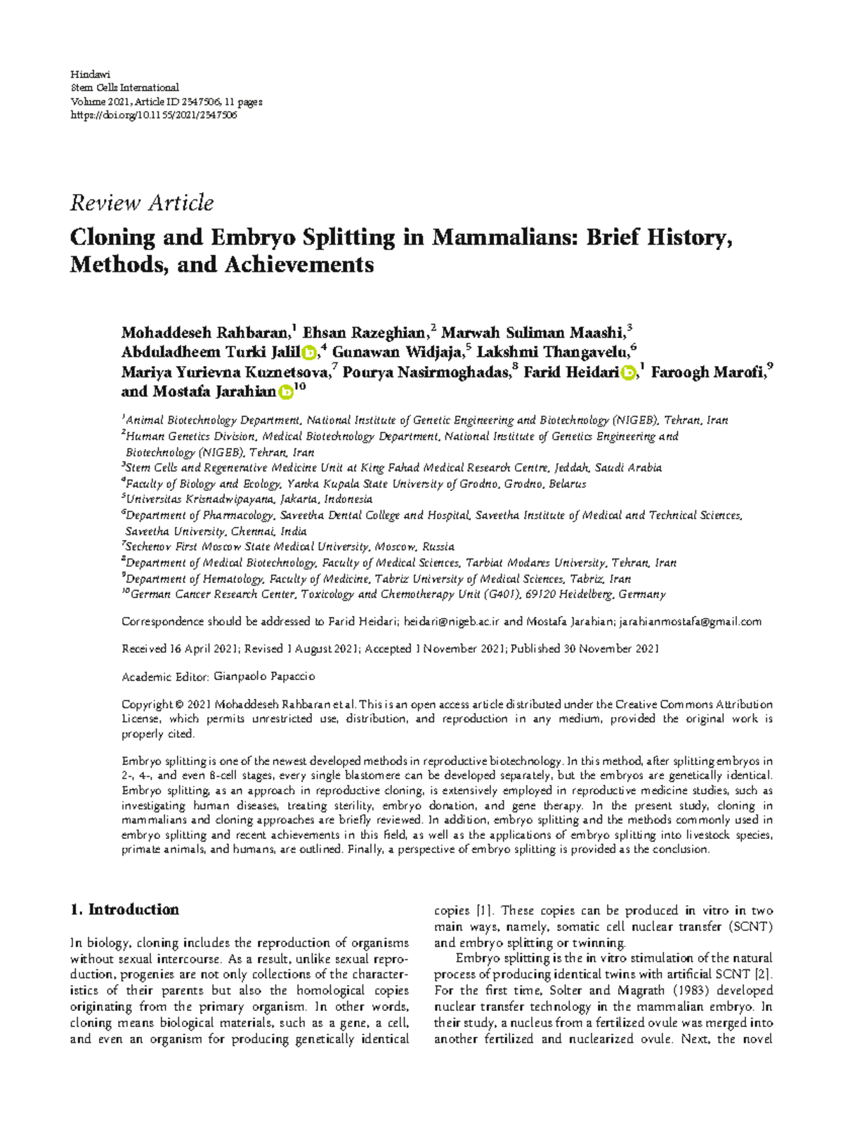 Cloning and Embryo Splitting in Mammalians Brief H - Review Article ...