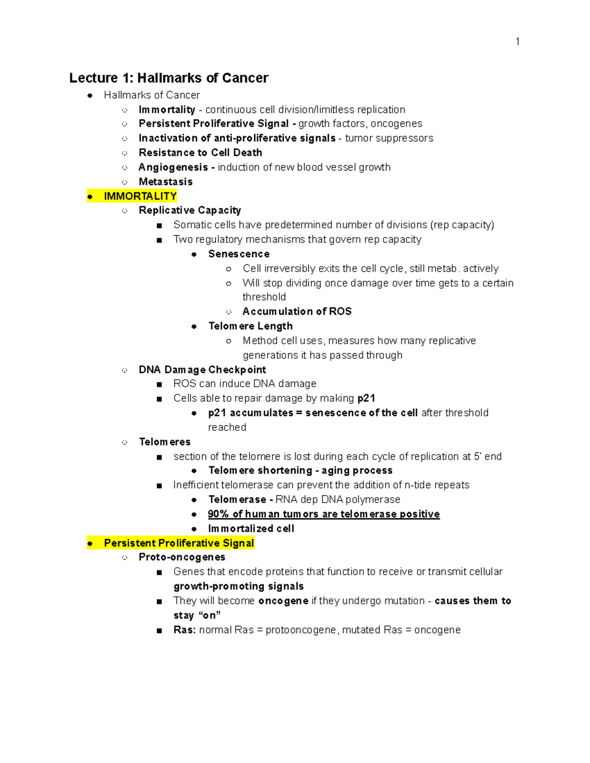 CELL BIO - Cancer - Lecture 1: Hallmarks of Cancer Hallmarks of Cancer ...