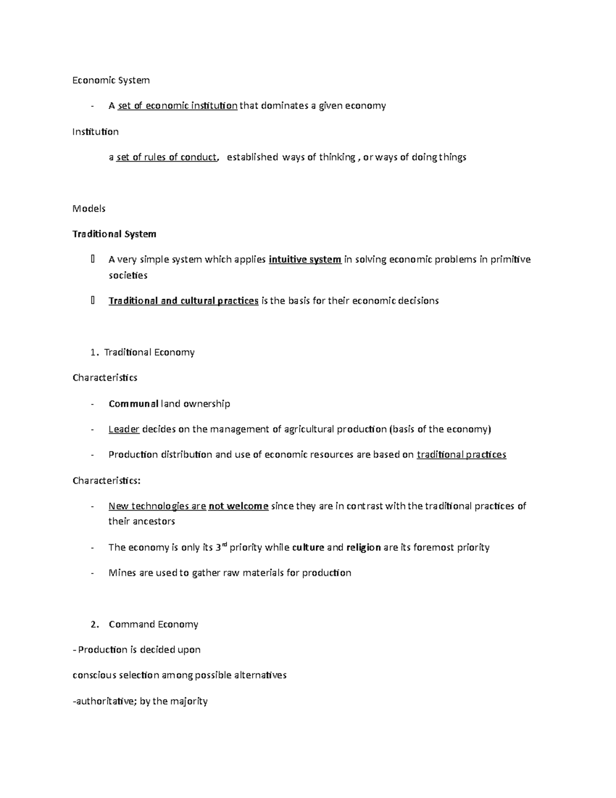 Economic Systems - Lecture notes 1 - Economic System - A set of ...