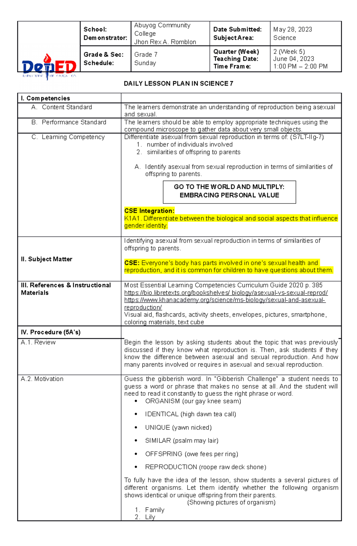 [Revised Lesson Plan] SCI118 - Sunday Demo - School: Demonstrator ...
