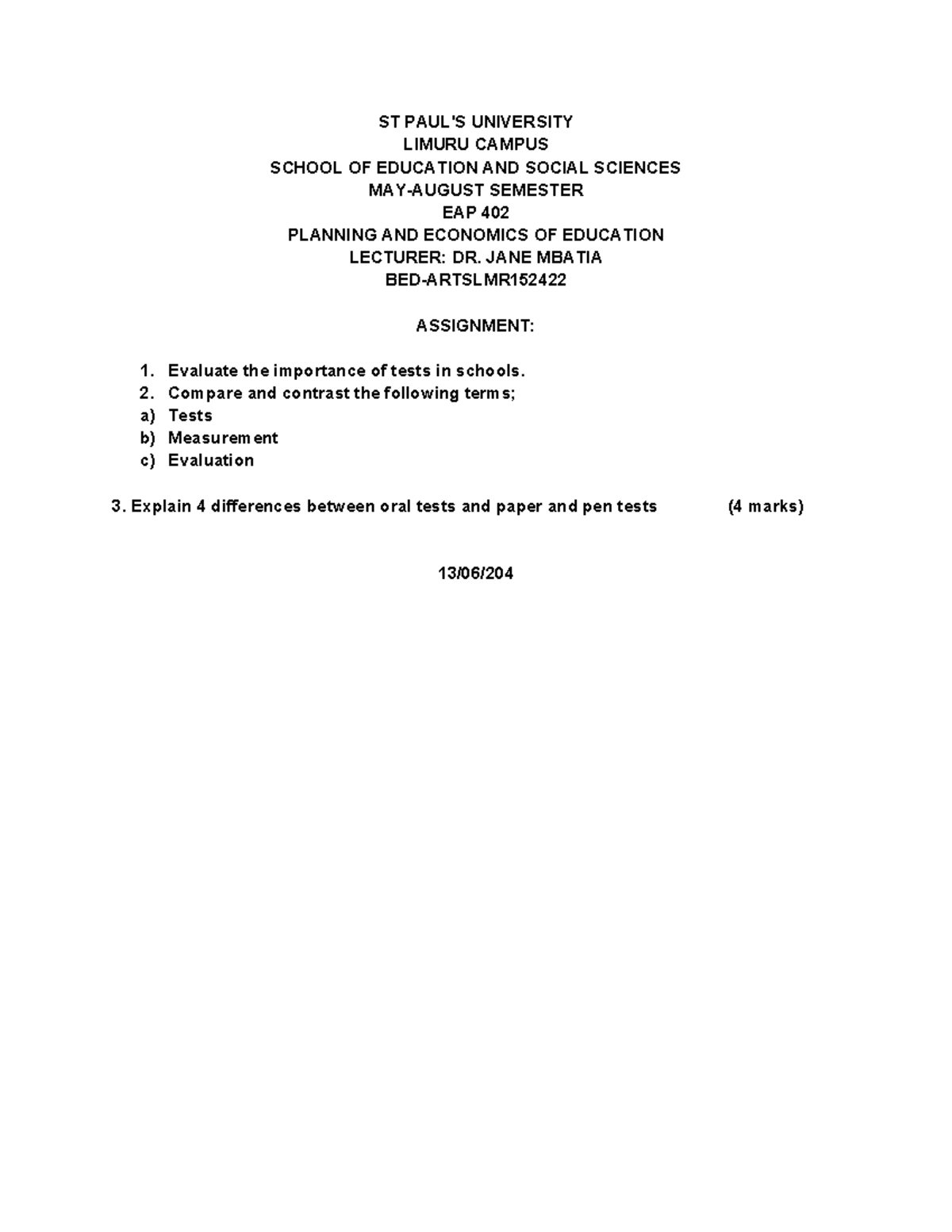 The Role and Importance of Tests in Schools - ST PAUL'S UNIVERSITY ...