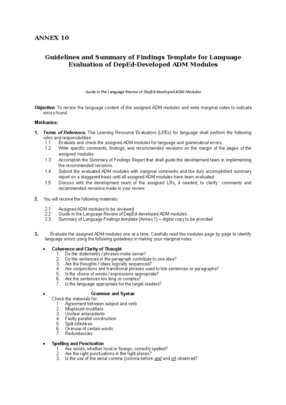 Annex 10 - Notes on the topics - ANNEX 10 Guidelines and Summary of ...