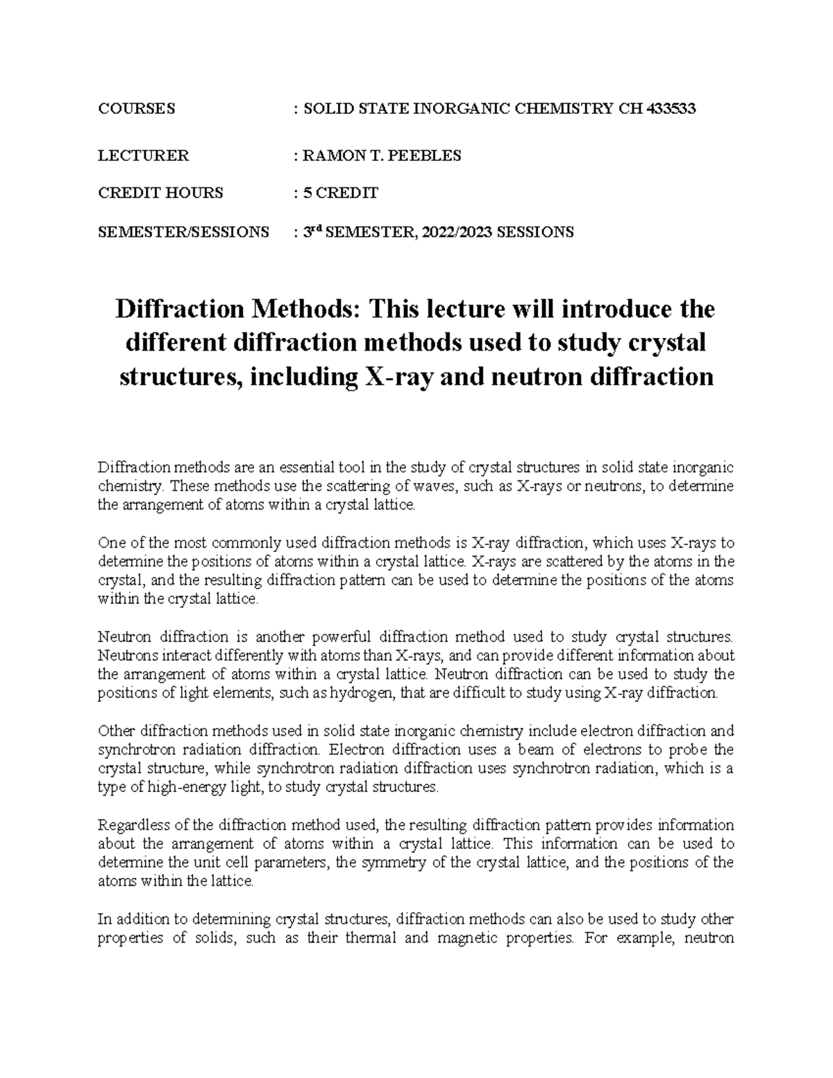 Diffraction Methods This Lecture Will Introduce The Different