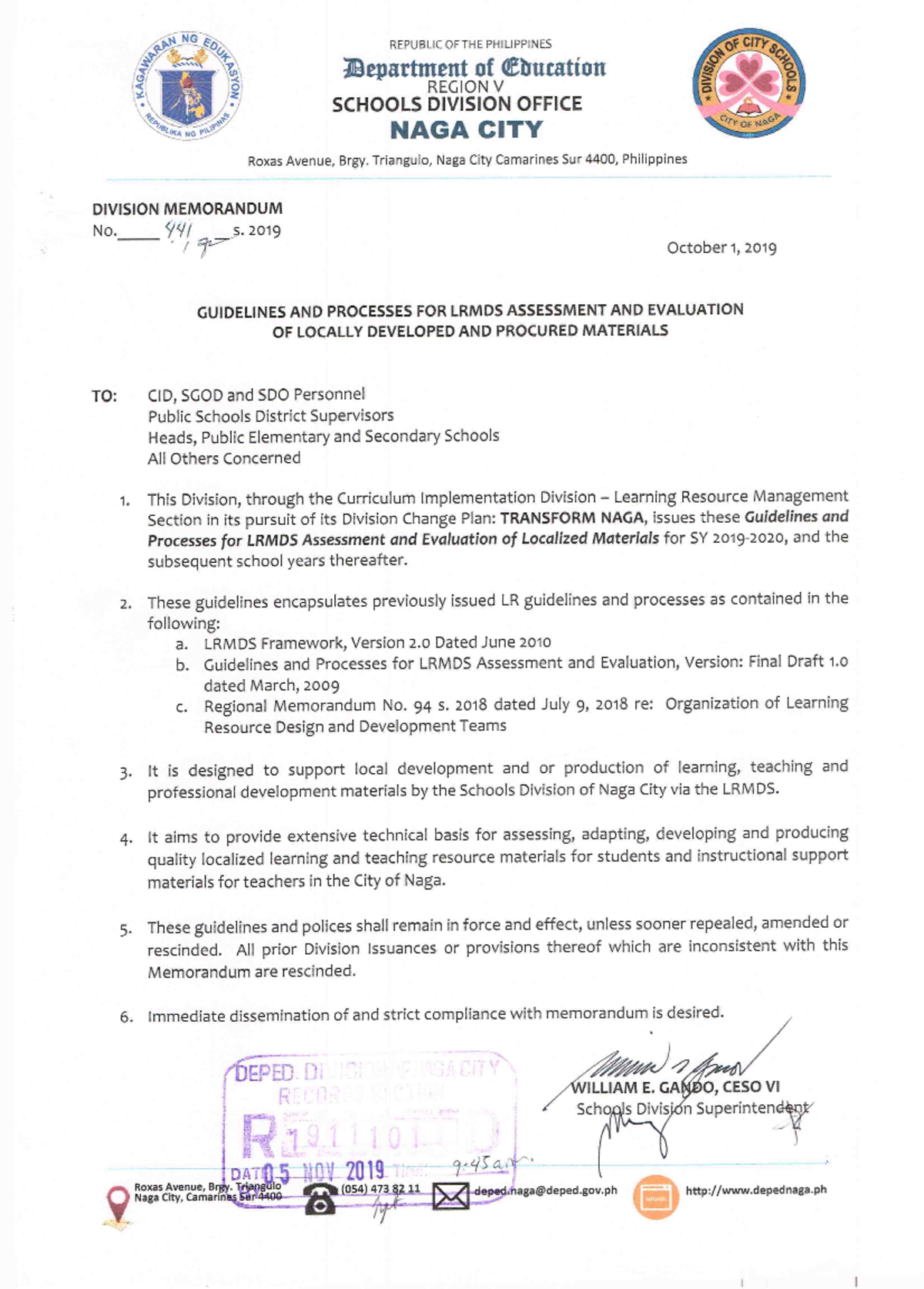 DM No. 441, s. 2019 Guidelines and Process for Lrmds Assessment and ...