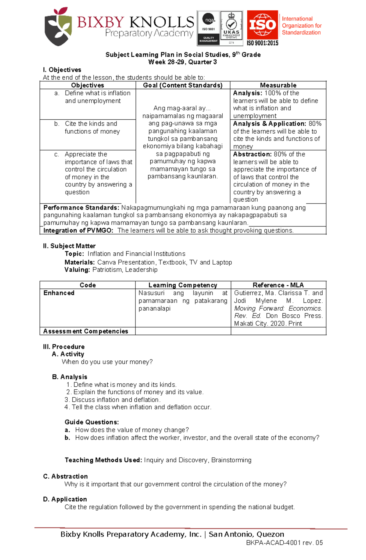 Social Studies 9-Q3-W28-W29- Monetary Policy - Subject Learning Plan in ...