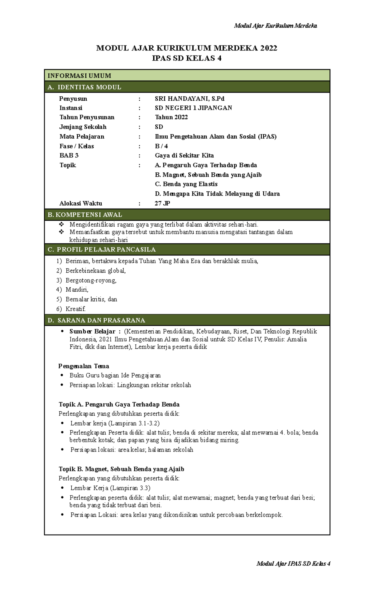 Modul kls 4 magnet - Baik - Modul Ajar Kurikulum Merdeka 2022 Modul Ajar IPAS SD Kelas 4 MODUL ...