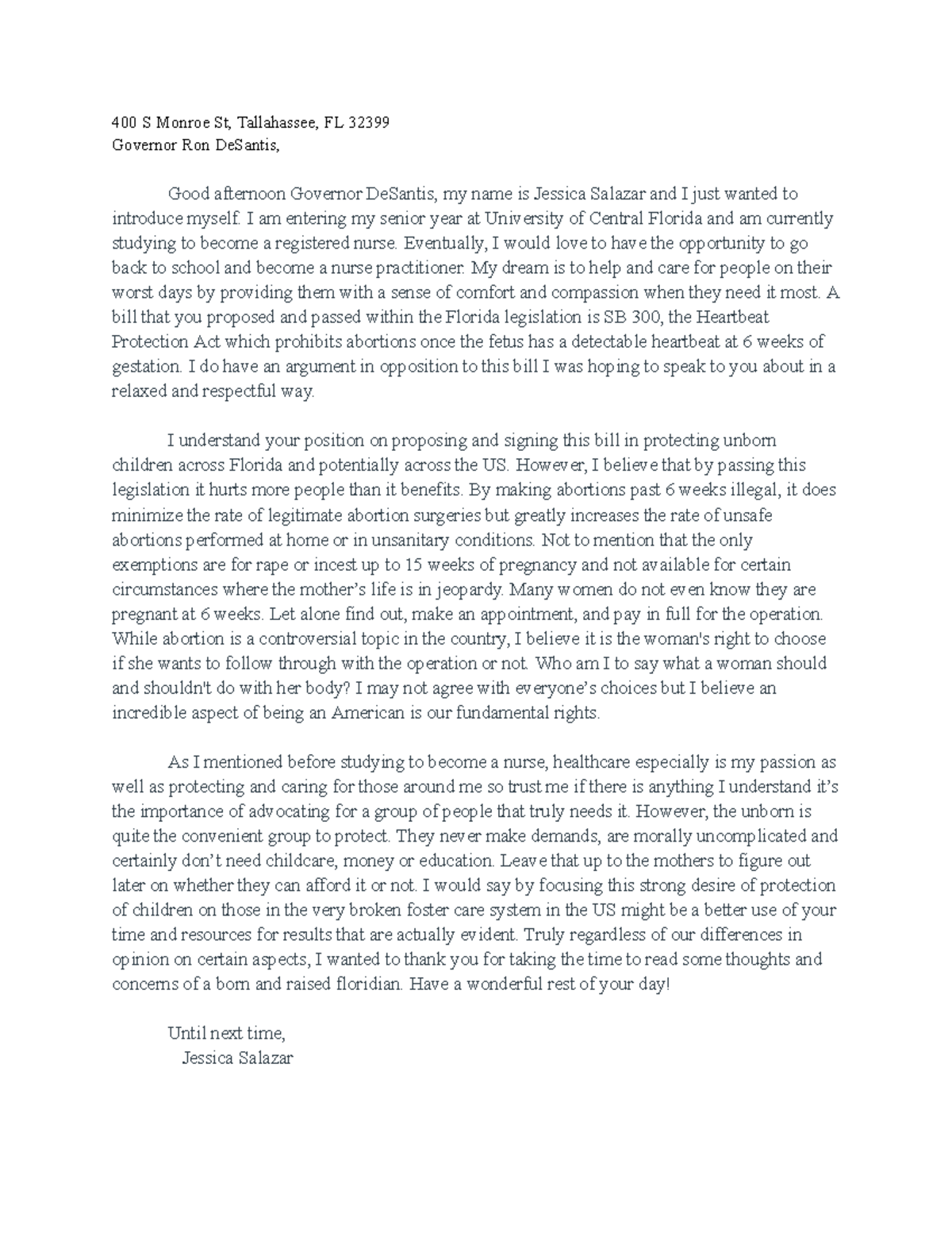Letter to a Governemnt Official - 400 S Monroe St, Tallahassee, FL ...